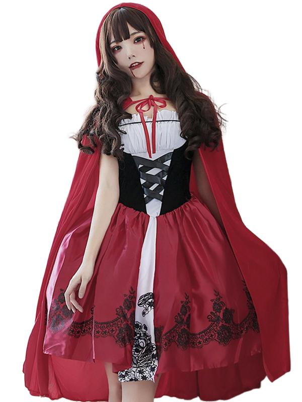 [TSUKUMIRU] クリスマス コスプレ 赤ずきん 大人 レディース ハロウィン【大人かわいい赤ずきんデザイン】ロング丈で上品、初心者にも挑戦しやすい。【本格仕様のディテール】編み上げウエストとスカートの柄模様が赤ずきんの世界観を再現。...
