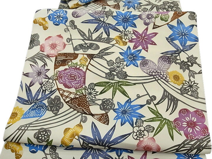 寸法 全長（お太鼓裏含まず）：419cm（1丈1尺0寸6分） 生地幅：34．4cm（9寸1分） 素　材織　元染　元 正絹　五泉織物　手染め江戸紅型 状態 呉服問屋で仕入れました新品・未仕立てのキレイなお品です。 色 上品なオフホワイト 画像...