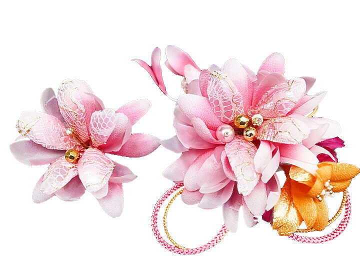 色 ピンクのグラデーション・オレンジ・紫 画像1が実際に近いお色です。 寸法 【大】 12cm×12cm たれ飾りを含めた全長：22cm 【小】 8cm×8cm 素材 化繊　日本製 アクリルケース付 状態 新品のキレイなお品ですので、 お手...