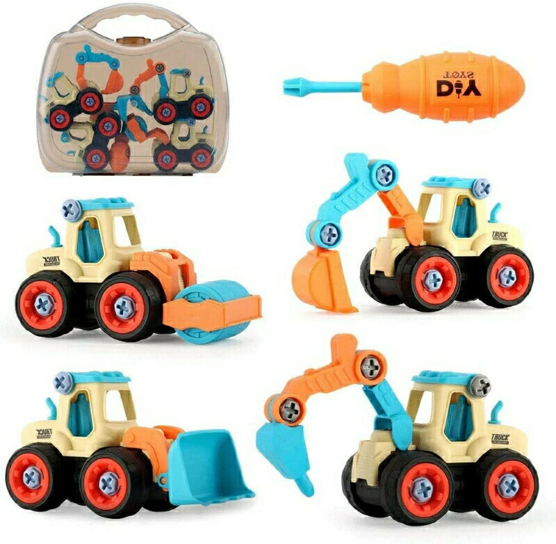 【 組み立てできるのDIY建設車両セット】レンチ付き ねじ、タイヤなどの部品を取り外しでき、ショベルカー ボール盤 ローラーカー ブルドーザー 4種類の建設車両のを組み立てできます！子供は自分の認識によって 自由に想像して 色々な工事カーを...