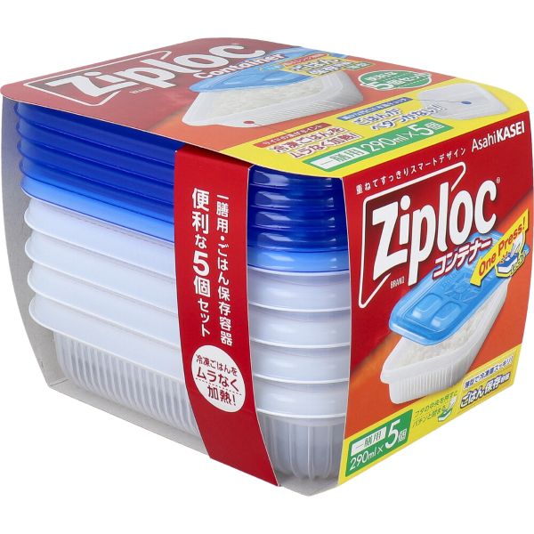 Ziploc ジップロック　コンテナー　ごはん保存容器　薄型　一膳用　290mL　5個入 重ねてすっきりスマートデザイン。 薄型で冷凍庫スッキリ！ ●サイドの溝がポイント。 冷凍ごはんをムラなく加熱！ ●細かな凹凸で水滴をキャッチ。 ごはん...