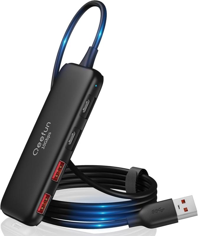QEEFUN USB ハブ 電源付き【2 USB-A + 2 USB-C】 usb 3.2 Gen2 ハブ 120cmロングケーブル 10Gbps高速データ転送 外付けHDD/SSD 在宅勤務 ゲーム PS5 Xbox ノートPC MacB...