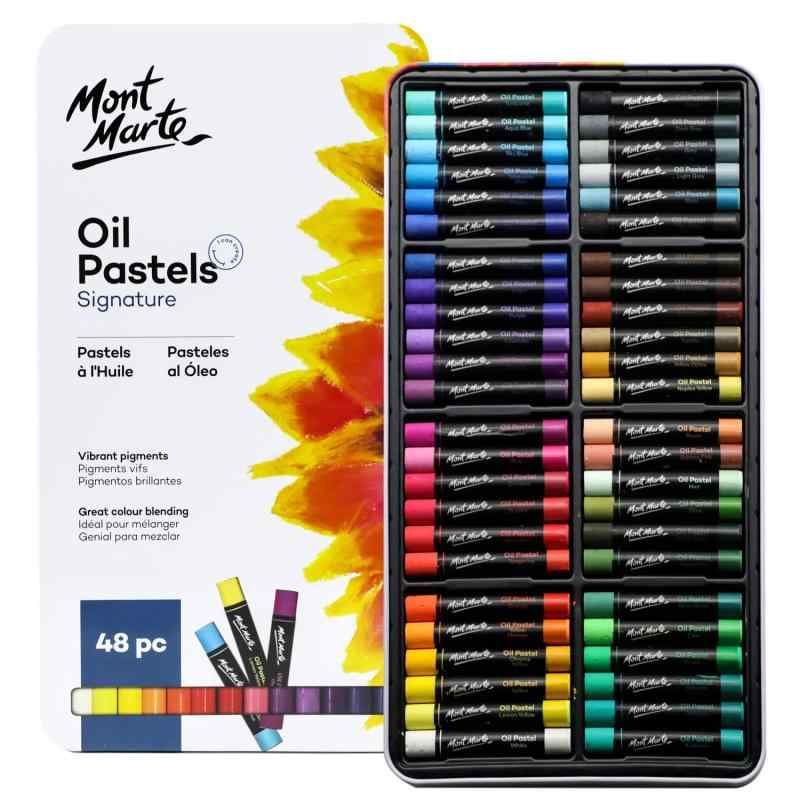 Mont Marte オイルパステル ブリキボックス入り 48色 Oil Pastel 鮮やかなオイルパステルセット ブレンドと重ね着に最適 収納ケース入り アート/クラフト/塗り絵/スケッチに最適48点の豊かな色合い：白、レモンイエロー、...