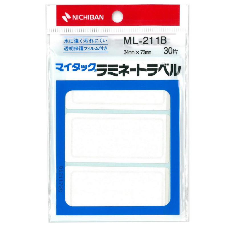 ニチバン マイタック ラミネートラベル 34×73mm ML-211B 青【入数】3片×10シート入(30片入)【サイズ】34×73mm【基材】上質紙、保護フィルム:ポリプロピレン【粘着剤】アクリル系【厚さ】0.17mm34mmX73mm