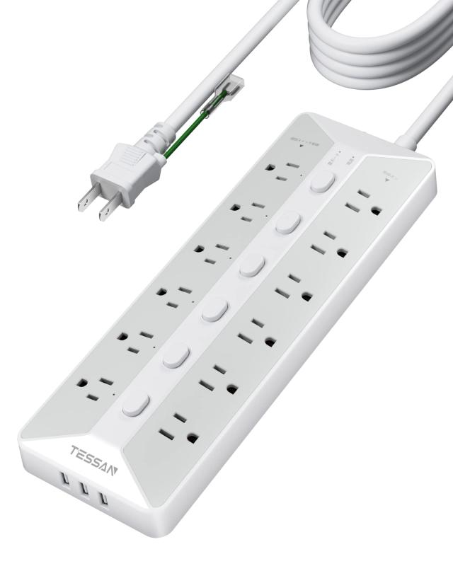 電源タップ スイッチ付き usb コンセント 延長コード 5m TESSAN 12個AC口 3個type-Aポート テーブルタップ 壁掛け マルチ oa 幅広コンセント 蛸足コンセント タコ足配線 節電 省エネ 雷ガード 2ピン 【一括スイ...