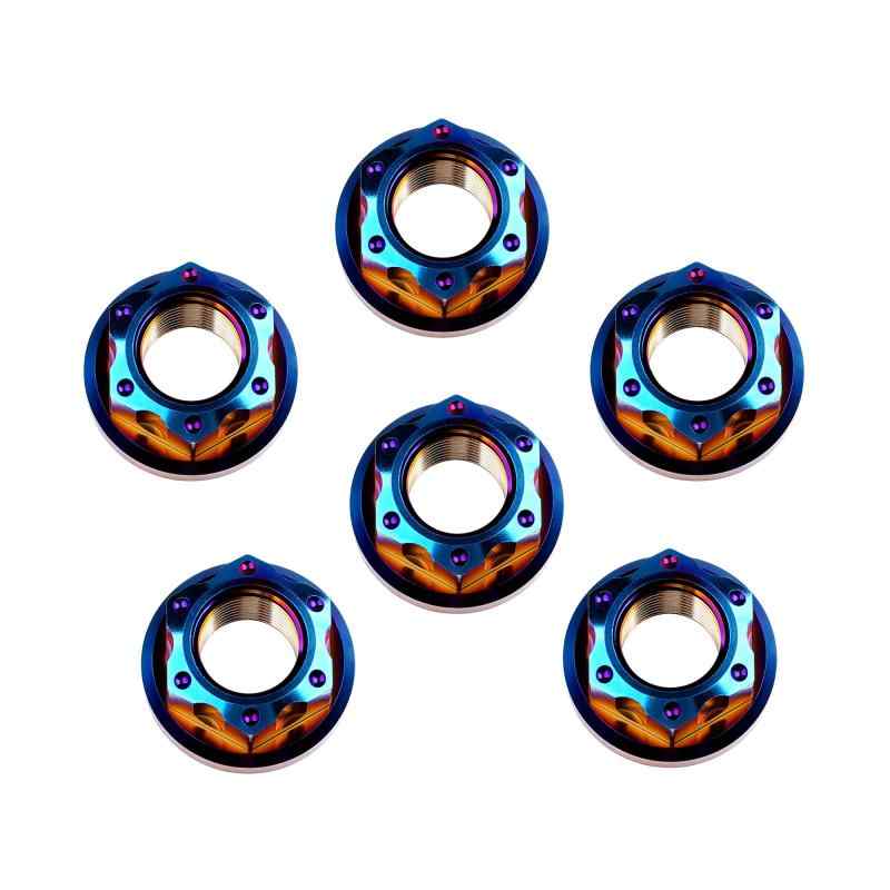 Ruifu チタン合金ナットM6 M8 M10 M12 M14 M16カラフルなリアとフロントのショックアブソーバーホイールアクスルヤマハスクーターに適用する6本入 (M8, 火青)材質：64チタン（Ti6AI-4V）CNCカッティングヘッ...