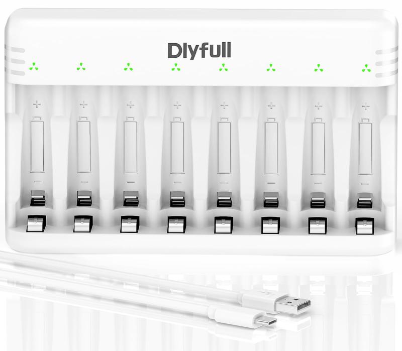 Dlyfull 電池充電器 単4 単3 充電池 充電器、USB Type-C入力 8スロット単三 単4 充電器/充電式ニッケル水素電池 充電器/ニカド充電池に対応 同時充電 LEDライト 単3 バッテリー 充電器 エネループ ㈚...