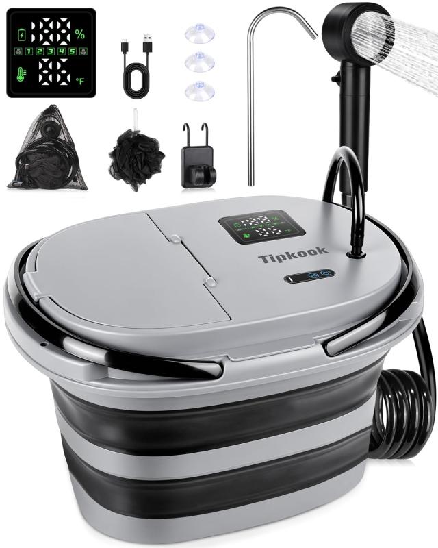 ポータブルシャワー【13000mAh-一体型】Tipkook 電動シャワー 20L折り畳み式バケツ型アウトドアシャワーポンプ USB充電式 5段階のスピード調整 デ ジタル画面 水流量無段階調節 収納袋付き アウ【大容量＆長稼働でグループも...