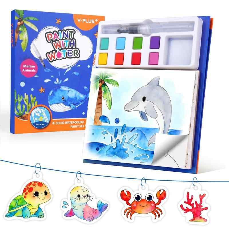 YPLUS 水塗り絵 塗り絵 子供 汚れない水ぬりえブック ブラシ付き 26ページ＆8色 3歳以上 男の子 女の子 プレゼント - 海洋オールインワンアートセット：本水塗り絵には、本水塗り絵には、8色、26枚の高品質画紙。（通常20ページ＋...