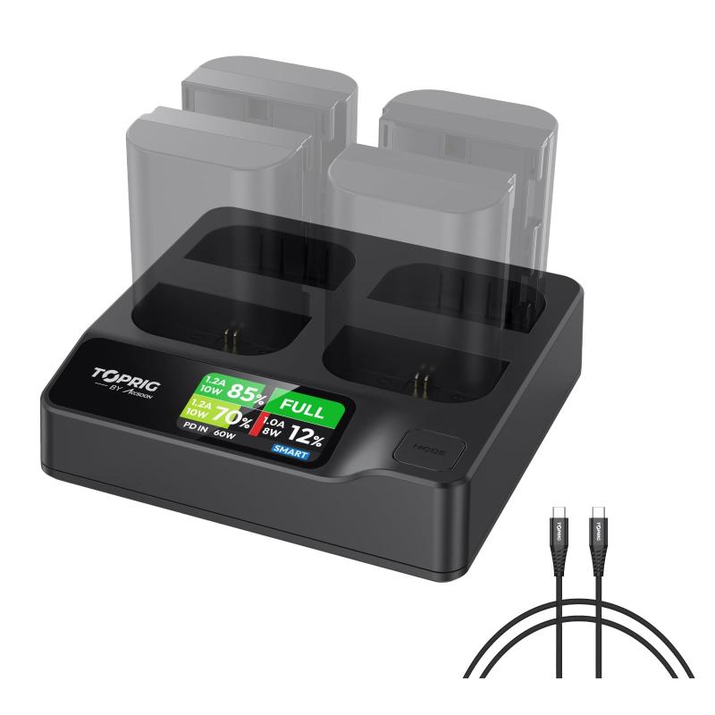 Toprig LP-E6 LP-E6P LP-E6N LP-E6NH 4チャンネルカメラバッテリー充電器 PD100W急速 バッテリーチャージャー (USB-C 充電ポート/高速充電/LEDディジタル表現) 、Canon EOS 5D Ma...