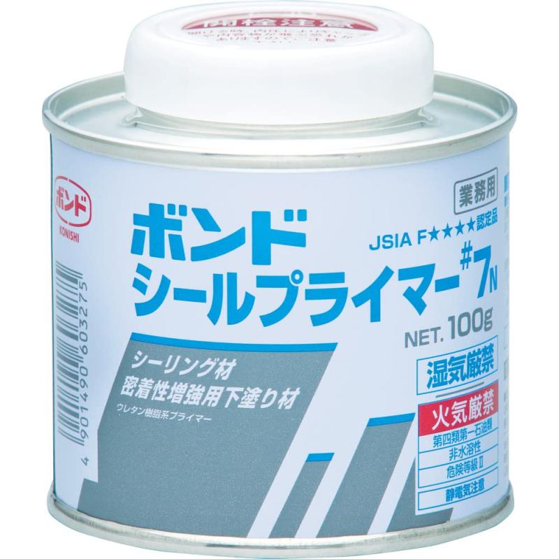 コニシ ボンド シールプライマー#7N 100g #60327個装形態:缶性状:ウレタン樹脂系溶剤形標準使用量(塗布量):多孔質面:22m/缶(10×10mm目地)商品の重量:158 g特長:シーリング材用、密着性向上