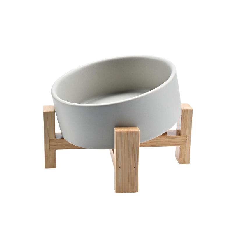 FeedFurry 犬 餌入れ ボウル 15度 斜め 陶器 猫 えさ 皿 ペット 食器 水入れ 木製 ボウルスタンド付 高さ調整可能 フードボウル 食べやすい 小型犬 400ml グレー【15°傾斜ペットボウル】15°の傾斜設計により、食べ...