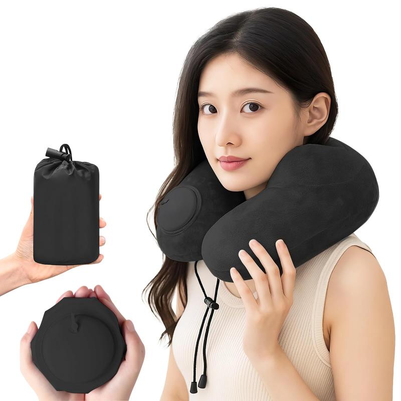 LongFlight 携帯枕 ネックピロー 首枕 U型 空気枕 持ち運び便利 旅行枕 収納ポーチ付き 洗えるカバー 飛行機 コンパクト 車 夜行深夜バス 新幹線 ソファ 旅行用最適 (ブラック)【30秒で簡単に膨らむ】手で押して30秒で膨ら...