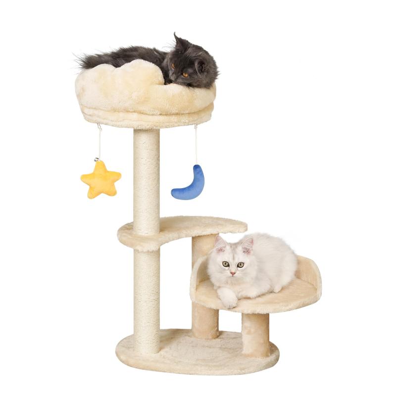 Meecal 仔猫用 キャットタワー ミニ 雲型デザイン (6ヶ月以下/体重4kg未満対応) 省スペース 爪研ぎ付き 組み立て簡単 おしゃれ猫タワー ブラック 高さ62cm ベージュ