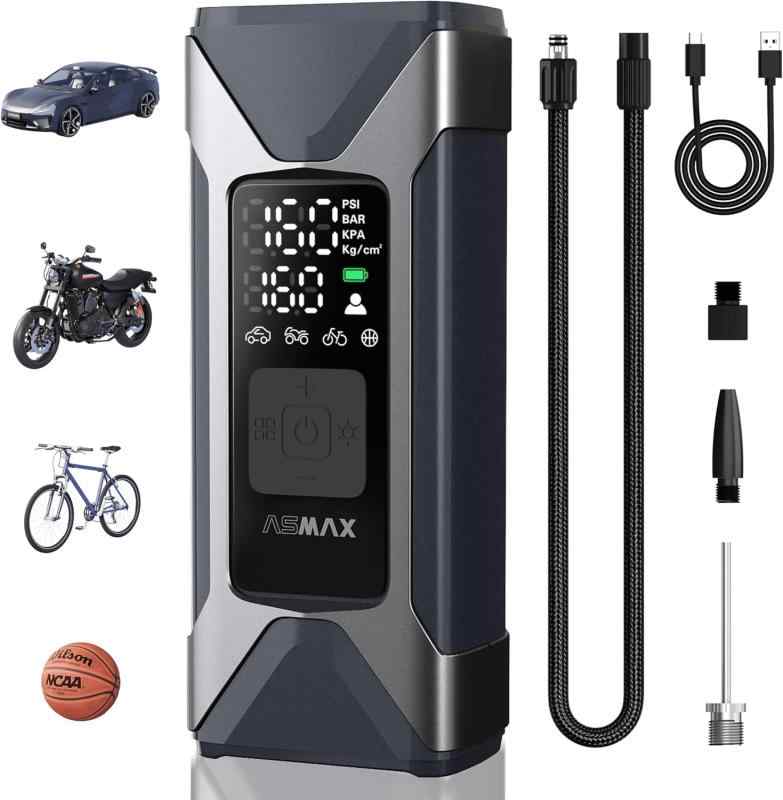 ASMAX 自転車 空気入れ 電動空気入れ バイク 車 エアーポンプ 2500mAh×3 大容量バッテリー 最大圧力160PSI タイヤ空気圧検知 50cmクイックリリースエアホース 自動停止 米式/仏式/英式 浮き輪バル【大容量バッテリー...