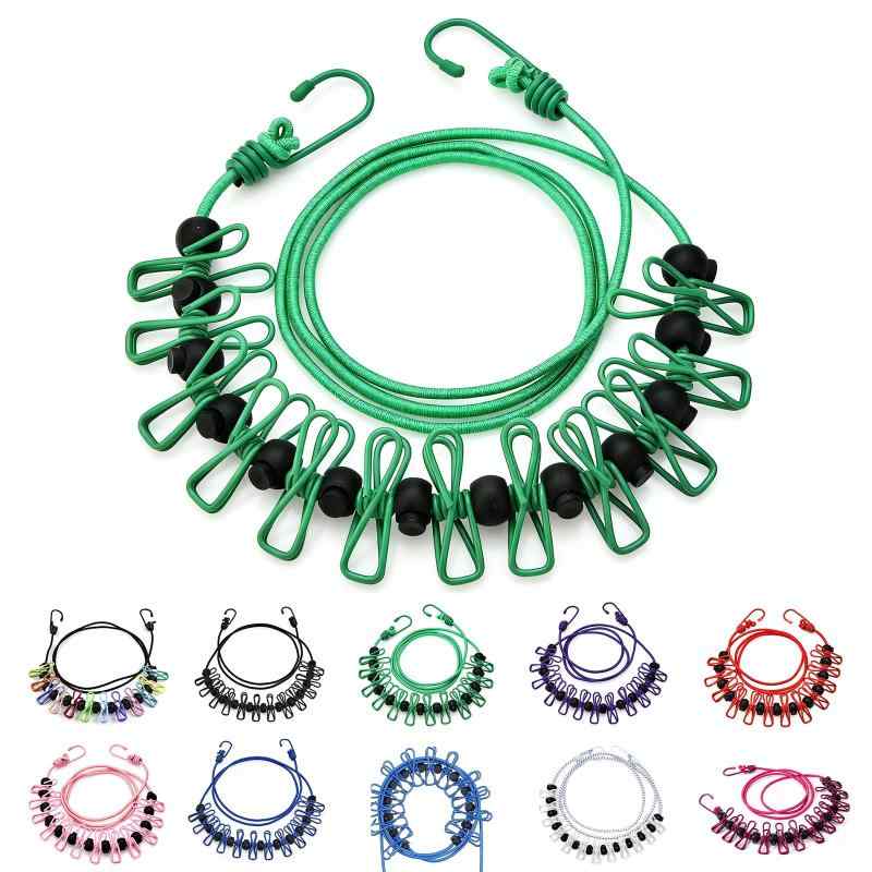 [Ruleheai]洗濯ロープ 物干しロープ 洗濯物干し 伸縮 物干し竿 1.8m弾力性あるロープ 3~4m延長可能 12個クリップ&amp;13個玉止めストッパー付き 防風 携帯便利 旅行の洗濯物干しに最適 キャンプ 室【旅行用洗濯ロープ...