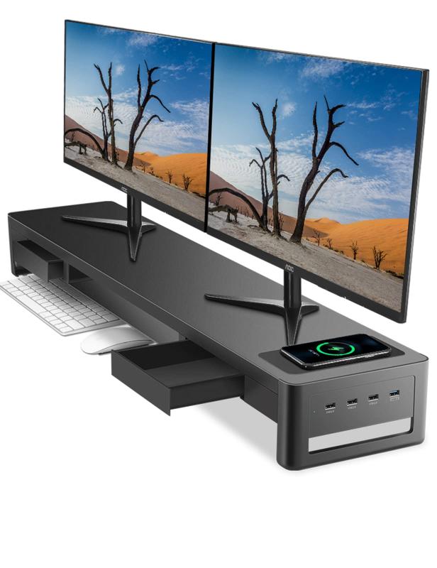 Meatanty デュアル モニター台 引き出し pc モニタースタンド パソコン台 ディスプレイ台 USB 3.0/2.0 データ転送 机上台 スチール製 スマホ専用置き場付き 幅100cm【スマートフォン対応 &amp; 接続ポート】専...