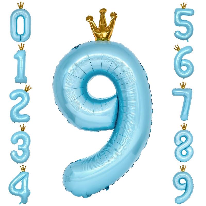 GRESATEK バルーン 数字 風船 誕生日 40インチ 大きい ナンバー9 バースデーバルーン 王冠付き クラウン 飾り付け 結婚式 パーティー 記念日 ウェディング ブルーかわいいクラウンが数字バルーンにブルーの数字バルーンにゴールド...