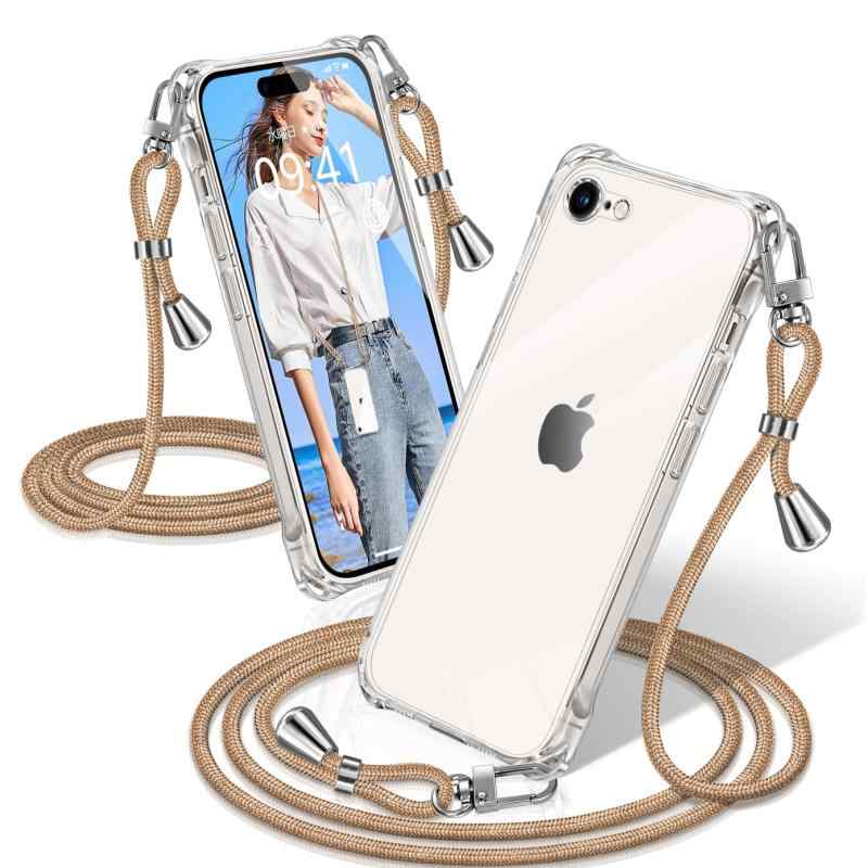XIOYATY 用の iPhone SE3/SE2/8/7 ケース 2022 第3/2世代 クリア 耐衝撃 アイフォンSE3/SE2/8/7 スマホケース 透明 織りストラップ付き 肩がけ 首掛け 紐付き 縄掛け 斜めがけクロスボディ ファ...