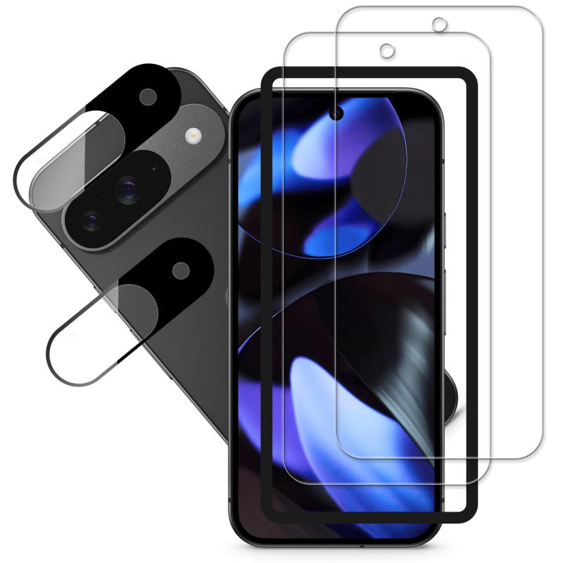 HKKAIS ピクセル9 保護フィルム【2+2 枚セット】ガイド枠付き 日本製硝子採用Google Pixel 9用 ガラスフィルム グーグルピクセル9カメラフィルム 強化 ガラス 液晶画面 保護フィルム【対応機種-2+2枚入り】Googl...