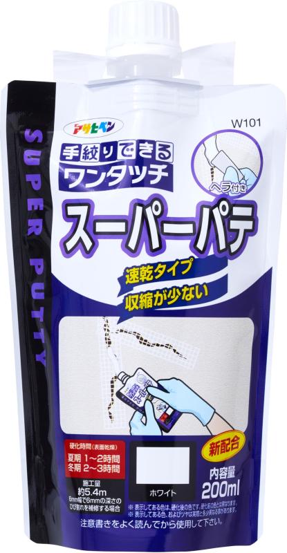 アサヒペン パテ ワンタッチ スーパーパテ 200ml W101 ホワイト 手絞りパウチ ヘラ付き 壁用 速乾 軽量 補修 日本製パウチ容器なので、補修箇所に直接手で中身を押し出して使えます。屋内外に使用でき、軽量で収縮が少ない、速乾タイプ...