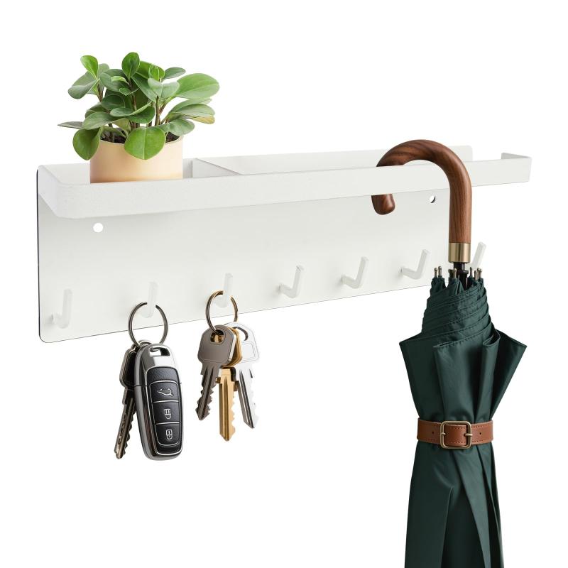 VOOCYE 傘立て マグネット トレー付き アンブレラホルダー 小物収納 アンブレラスタンド フック付き 玄関 ラック 傘掛け 玄関ドア用 玄関収納 スリム (ホワイト)【強力マグネット吸着】このマグネット傘立ては、背面に強力なマグネット...