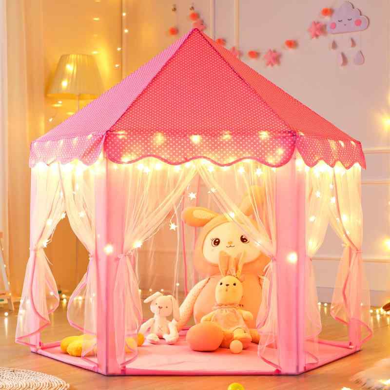 キッズテント 女の子のおもちゃハウス 可愛い子供用テントハウス プリンセスの城型 折り畳み式 キラキラLEDスターライト付き 秘密基地 室内遊具 簡単に組立 お誕生日 出産祝い クリスマス【可愛いデザイン】子供はお城のようなキッズテントがき...