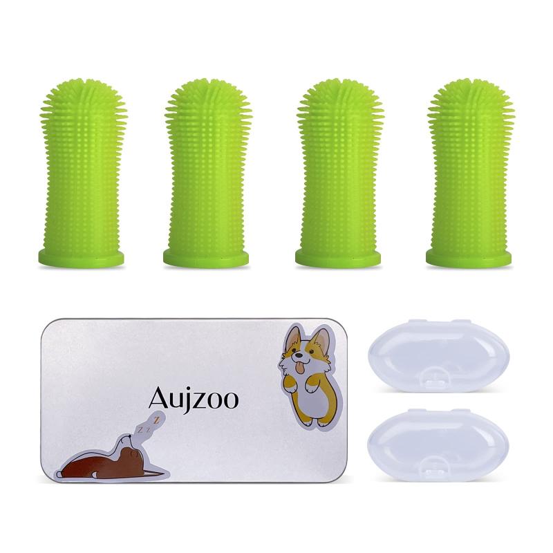 Aujzoo犬歯ブラシ、猫歯ブラシ、360°歯ブラシは、犬 はぶらし さまざまな口腔疾患を回避するために、どの犬用歯磨き粉にも使用できます。シリコン製 犬用歯ブラシ フィンガーブラシ グリ安全なペットの歯ブラシ：安全なシリコーン、無臭の犬の...
