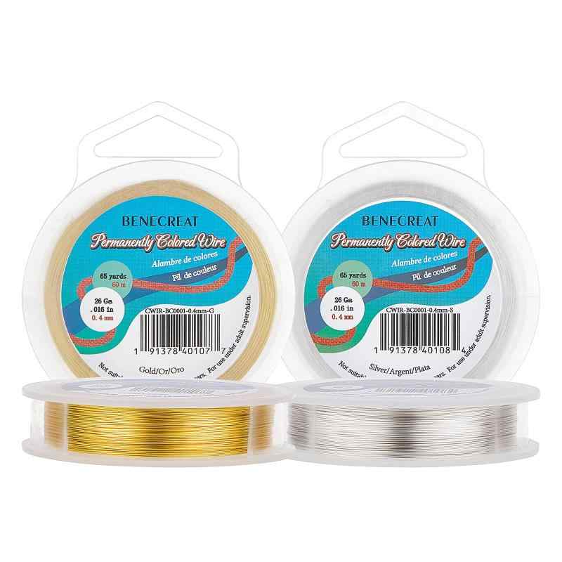 BENECREAT 2巻き 線径0.4mmアクセサリーワイヤー ゴールドとシルバー アートワイヤー 光沢感 変色防止カッパーワイヤー クラフト銅線 ジュエリー作り 手芸素材 手作り量：2巻き銅線；ゴールド1巻き、シルバー1巻き；サイズ:線径...