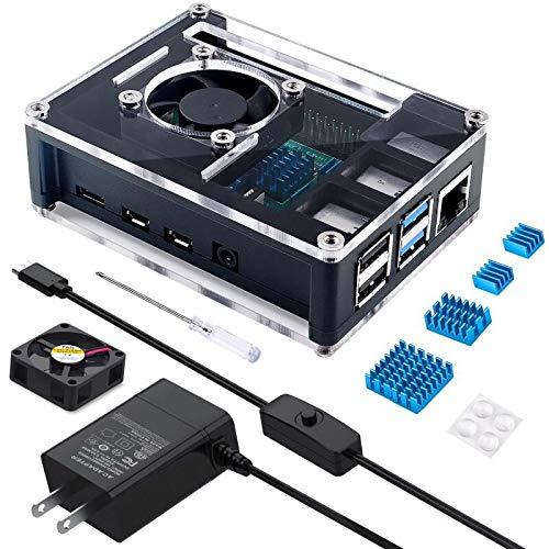 Miuzei 最新 Raspberry Pi 4 ケース ラスベリー パイ4 5.1V 3A USB-C 電源アダプター+冷却ファン+ヒートシンクラズパイ 4 Model B対応（Raspberry Pi 4 本体含まりません）PSE取得r...