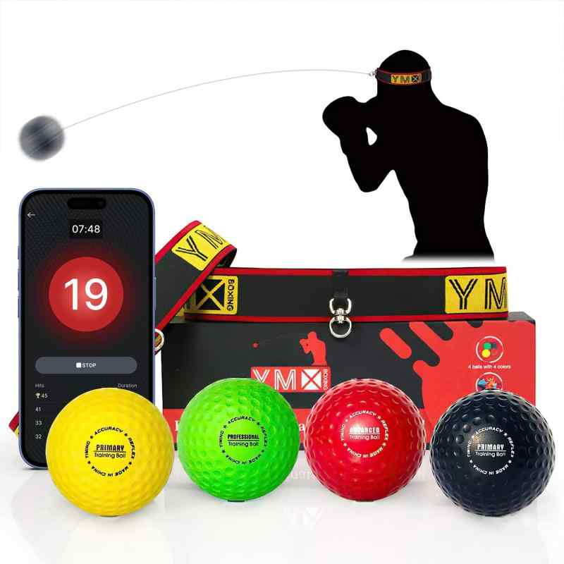 YMX BOXING リフレックスボール 4球セット APP連動 パンチングボール 反射神経・動体視力トレーニング ボクシングボール 替えゴム紐付き パンチ練習 ストレス解消4球セットで段階トレーニング：反発・テンポの違う4種類のリフレック...
