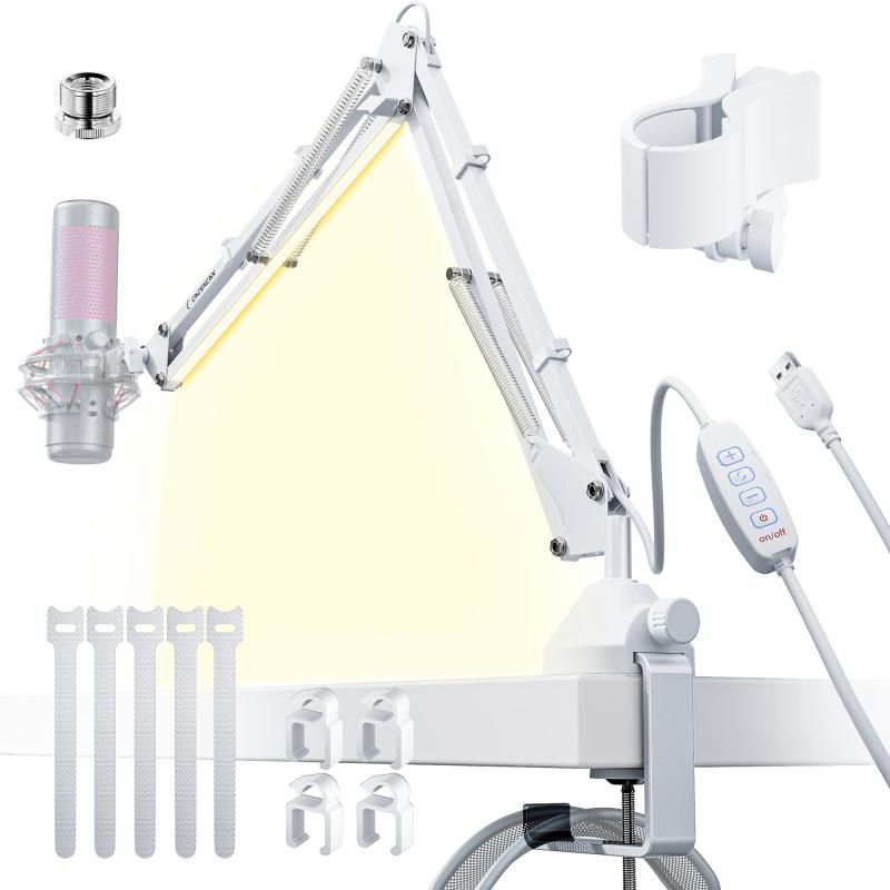 CACENCAN ML-06 マイクアーム マイクスタンド 卓上 LEDライト付き デスクライト アームライト led 目に優しい 電球色・白色・昼光色 マイクブームアーム 3/8"-5/8"変換ネジ付き 生放送/ゲー【...