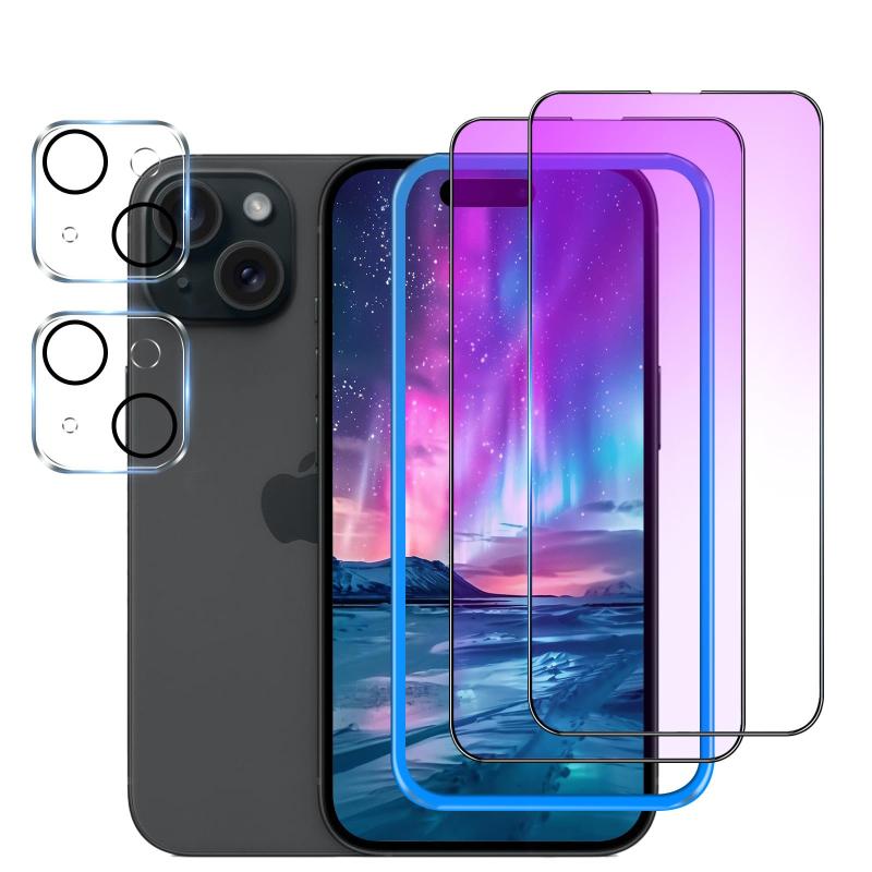 【ブルーライトカット 】 iPhone15Plus 用 ガラスフィルム 【2枚】＋カメラフィルム 【2枚】【ガイド枠付き】 液晶保護 フィルム ブルーライト 強化ガラス アイフォン15プラス 用 （6.7インチ） 【対応機種】iPhone1...