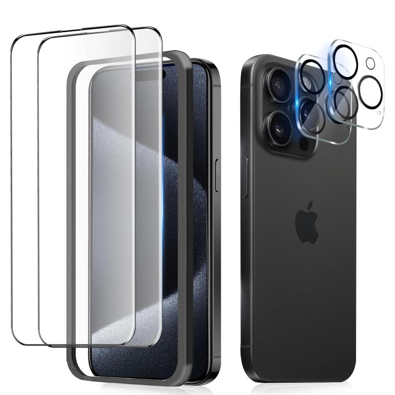 対応 iPhone 15 Pro 用 ガラスフィルム 全面保護［2枚］+ カメラフィルム［2枚］ アイフォン15プロ 用 保護フィルム 高透過率 iphone 15 pro 用 強化ガラス 液晶保護フィルム【ガイド枠付き/6.1インチ【対応...