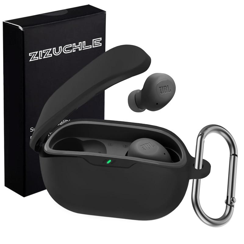 ZHZUCHLE for JBL Wave Buds 2ケース カバー シリコン製 全面保護 落下防止 おしゃれ かわいい キズ防止 耐衝撃 装着充電可能 軽量小型 カラビナ付き JBL Wave Buds 2 カバー(ブラック)「360°...