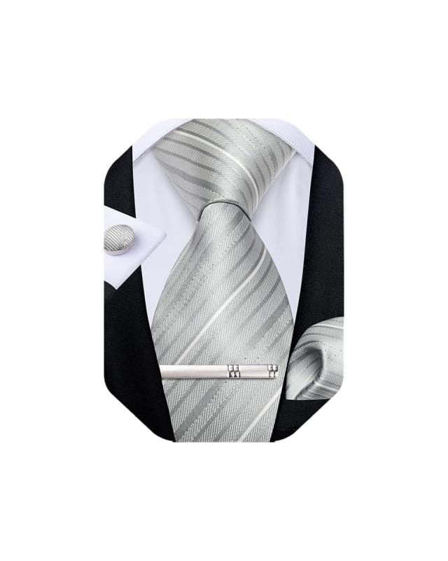 [DiBanGu] ネクタイ シルバー 結婚式 ストライプ ネクタイ ハンカチ タイピン セット ビジネス 入学式 卒業式セット内容：ネクタイ(長さ150cm*大剣先幅8cm)、ポケットチーフ（23*23cm）、タイピン、カフスボタン、4点...
