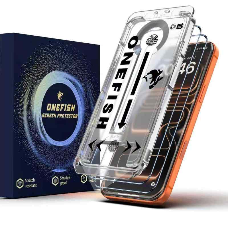 【光沢仕樣】Onefish iPhone 17 Pro Max用強化ガラススクリーンプロテクター、HD透明、気泡なし、簡単なインストール、自動ほこり除去、抗指紋、抗飛散、抗スクラッチ、2枚「対応機種」iPhone 17 Pro Max用ガラ...