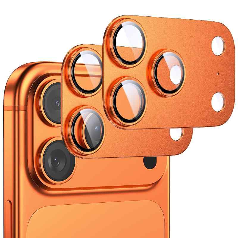 「Actfrain」2枚セットiPhone 17 Pro用 カメラ保護フィルム 【アルミ合金+9H強化ガラス】レンズ全面保護 耐衝撃/擦り傷防止/露出オーバー防止 高透過率 曇りなし 強粘着設計 黒縁デザイン オレン【iPhone 17 P...