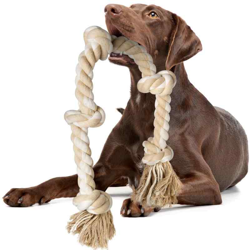 Fida 犬用おもちゃ ロープ 大型犬 中型犬 92cm 長め 噛む おもちゃ 頑丈 天然コットン100% 歯磨き デンタルケア ストレス解消 引っ張り遊び (1個, ベージュ,5ノット)【大型犬も安心の頑丈なロープおもちゃ】全長約92cm...