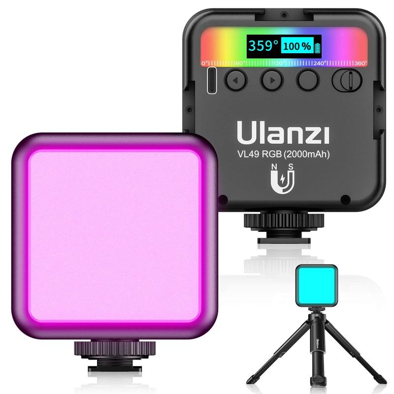 最新 Ulanzi VL49 RGB撮影ライト+三脚付き LEDビデオライト 卓上スタンド 359色RGBモード 明るさ調整が可能 9000k明るい白色光 2000mAh USB充電式 iphone/Gopro/Osmo Pocket/Sa...