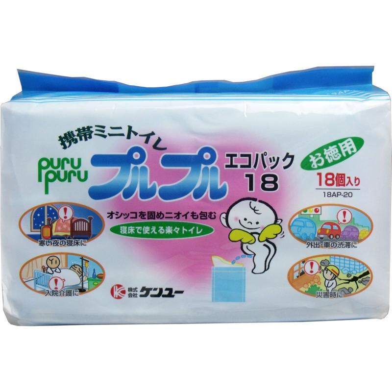ケンユー 高速道路 地震震災時等でのトイレ確保に 携帯ミニトイレ プルプルエコパック 18個入内容量:18個サイズ(外装)165*95*92(mm)、(本体)155*235(mm)オシッコを素早く固め臭いを包み込み、清潔に使える携帯トイレで...