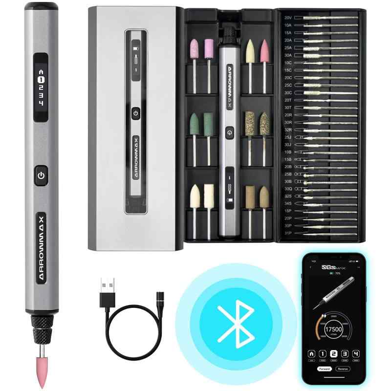 ARROWMAX コードレス充電式電動彫刻ペン 42ビット アルミケース、スマートモーションコントロール、OLED、Bluetooth、APP、ワイヤレス磁気充電、DIY用ダイヤモンドチップエッチングツール (SGS PRO)精密さを再定義...