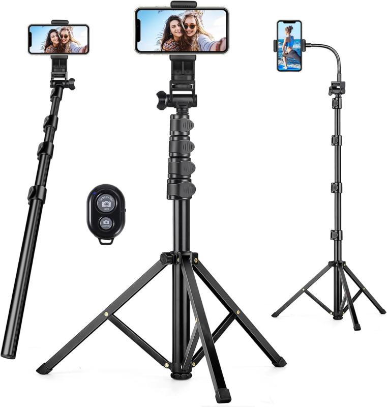 スマホ 三脚 最大高210cm,2 in 1 自撮り棒三脚 450g軽量 アルミニウム合金4段階伸縮 360角度調節 電話ホルダー付きスタンド すべてのスマホ機種対応 iPhoneシリーズ/Androidシリーズ1