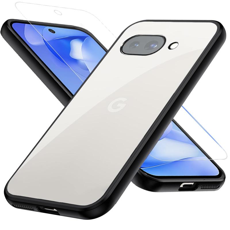 Google Pixel 9A ケース クリア ガラスフィルム付き グーグル9a ケース ワイヤレス充電対応 黒色TPUフレーム + 透明PCバックパネル 2重構造 耐衝撃 米軍MIL規格 滑り止め 指紋防止 ストラップホール【組み合わせセ...