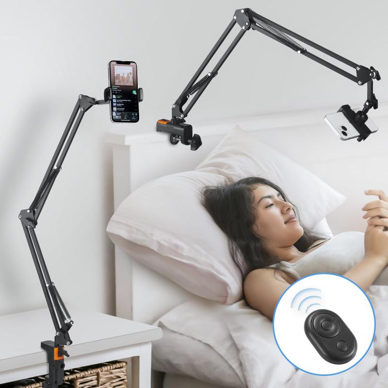 スマホスタンド アーム 寝ながら 携帯スタンド スマホホルダー ベッド 卓上 俯瞰撮影 フレキシブル 360回転 土台強化iPhone/Android対応 スマートフォン用Bluetoothリモコンシャッター付き ウェブ【堅牢なスマホスタン...