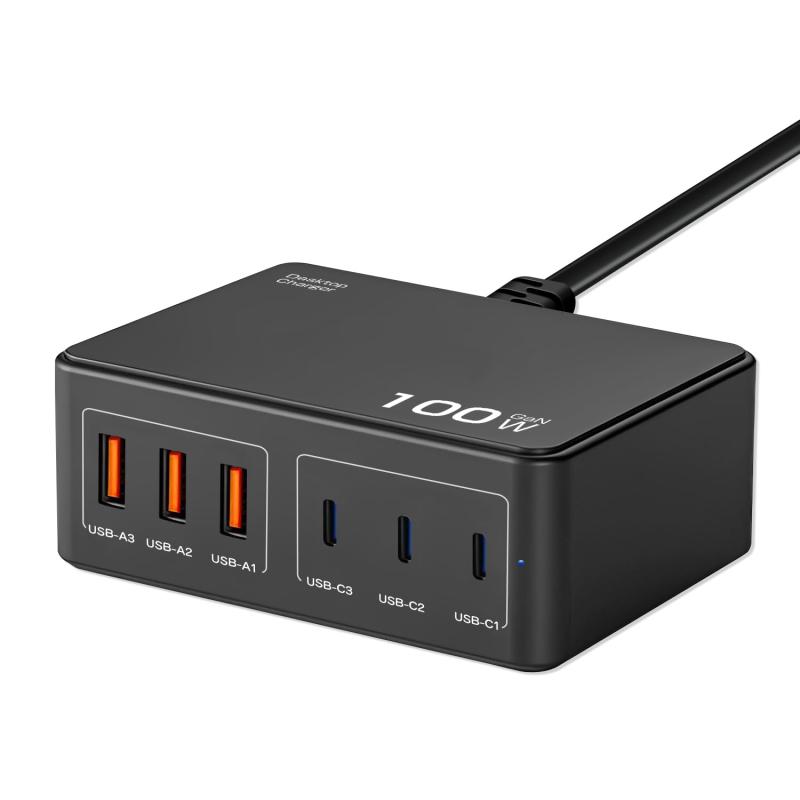 USB 充電器 合計100W PD 急速充電器 6ポート【PD30W対応/6台同時充電/1.2Mケーブル＆スタンド付】USB-C*3&amp;USB-A*3 携帯電話 充電器 acアダプター ハブ 電源タップ 軽量 小型 スマホ充電器（ブラ...