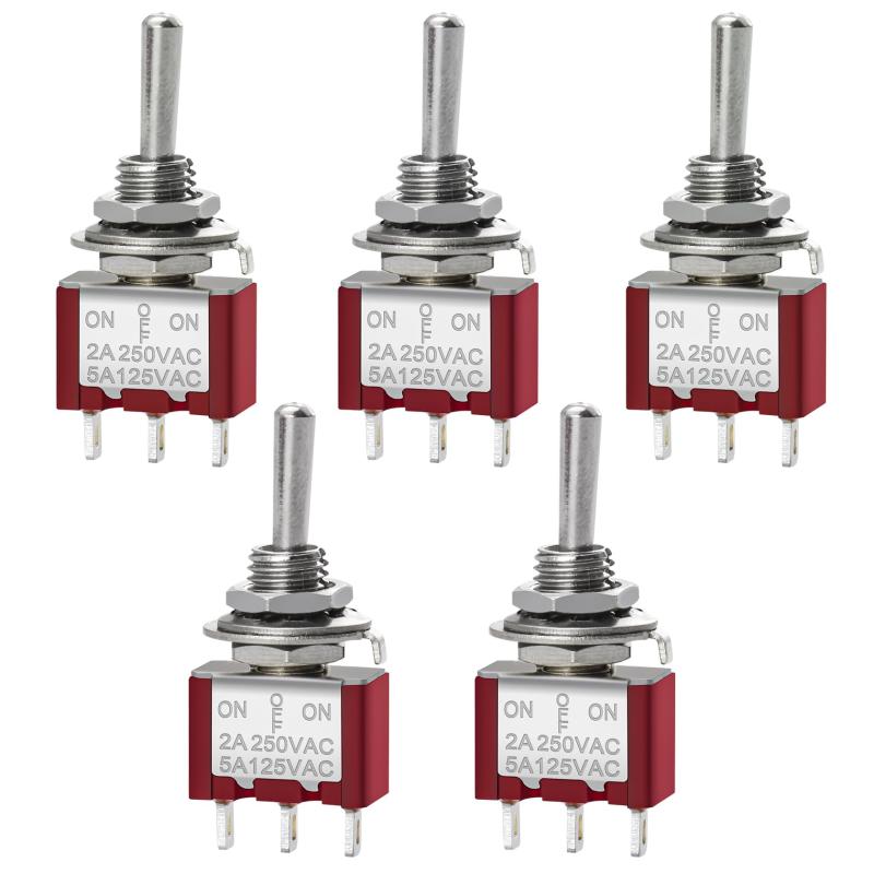 Heschen ミニモメンタリートグルスイッチ, 自動リセット, MTS-123, (ON)-OFF-(ON) SPDT, 3ピン, 2A 250V, 5A 120V, 5個パック定格: 2A 250VAC, 5A 120VACモメンタリタ...