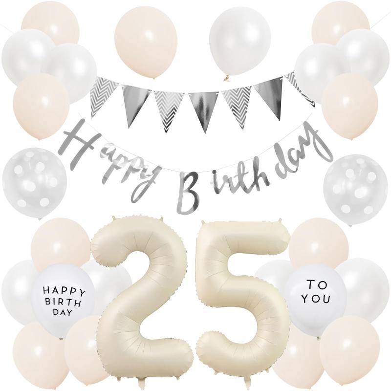 誕生日 バルーン 風船セット 飾り付け 25歳 happy birthday ガーランド バースデー 飾り ハッピーバースデー 大きい数字 紙吹雪風船 パーティー プレゼント サプライズ 大人 女の子 くすみホワイ25歳の誕生日のお祝いに：...