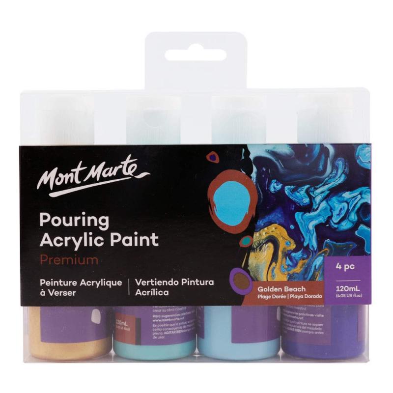 Mont Marte アクリルポーリング絵具セット 金色砂浜 注ぎ塗料 Pouring Acrylic Set 4 x 120ml ペイン ミックス済み Premixed キャンバス 木材 中密度繊維板 空気乾燥粘土など様々な表面に適用アク...