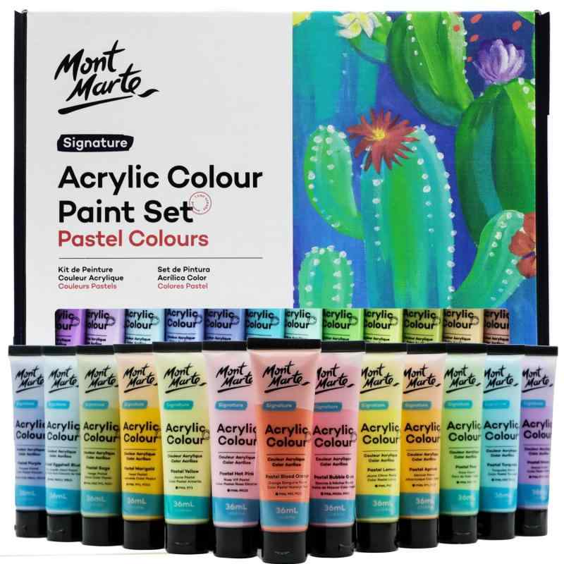 Mont Marte アクリル ペイントセット パステル色 現代的なデザイン、装飾アイテム 24色36ml 素晴らし いセット ファブリック、キャンバス、木製品、レザー、ダンボール、セラミック、紙、MDF、「24色36ml」このセットには便...